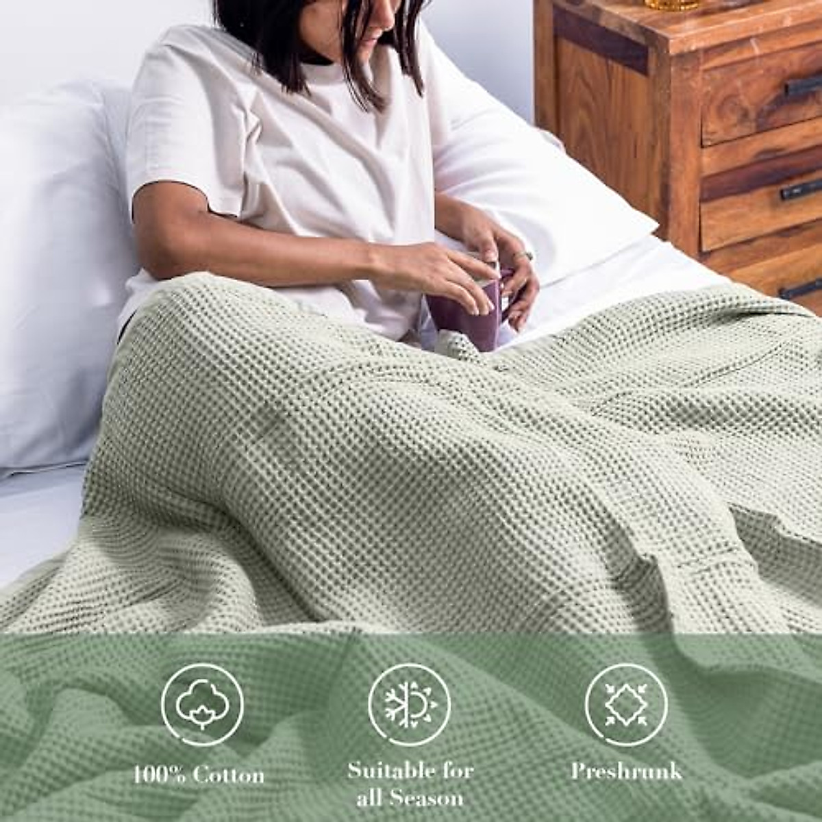Salt Earth GOTS Certified 100% Organic Cotton Throw Blanket, 55" X 60" Waffle Blankets & Throws for Bed, Throw Blanket for Couch, Modern & Cozy Blanket, All Season, Comfy & Soft Blankets (Sea Foam)