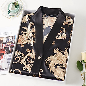 Arwser Women's Silk Satin Pajamas Set 4pcs Long Sleeve Button Down Sleepwear V-Neck Printed Dragon Pjs Black