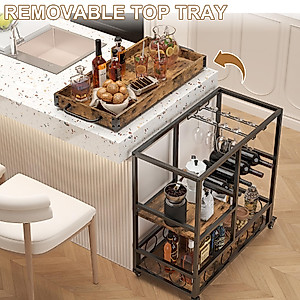 Furmax Bar Cart Home Bar Serving Cart with 3 Tiers, Rolling Bar Car with Large Storage Space & Lockable Wheels, Mobile Drink Cart with Removable Tray, Wine Rack, Glass Holder for Kitchen (Retro)