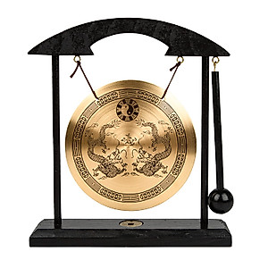 Mose Cafolo Zen Art Brass Feng Shui Desktop Table Gong, Dragon with Taiji Symbols, Makes Clear Sound, Collectible Figurines