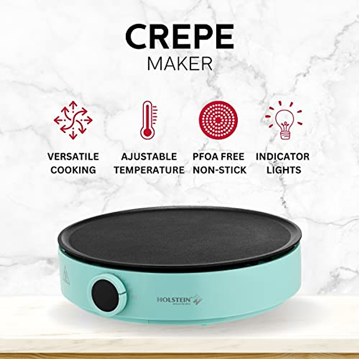 Holstein Housewares 12” Crepe Maker - Adjustable Temperature Control - Nonstick Griddle for Versatile Cooking of Crepes, Blintzes, Pancakes, Eggs, Bacon & More - Easy to Clean - Indicator Lights