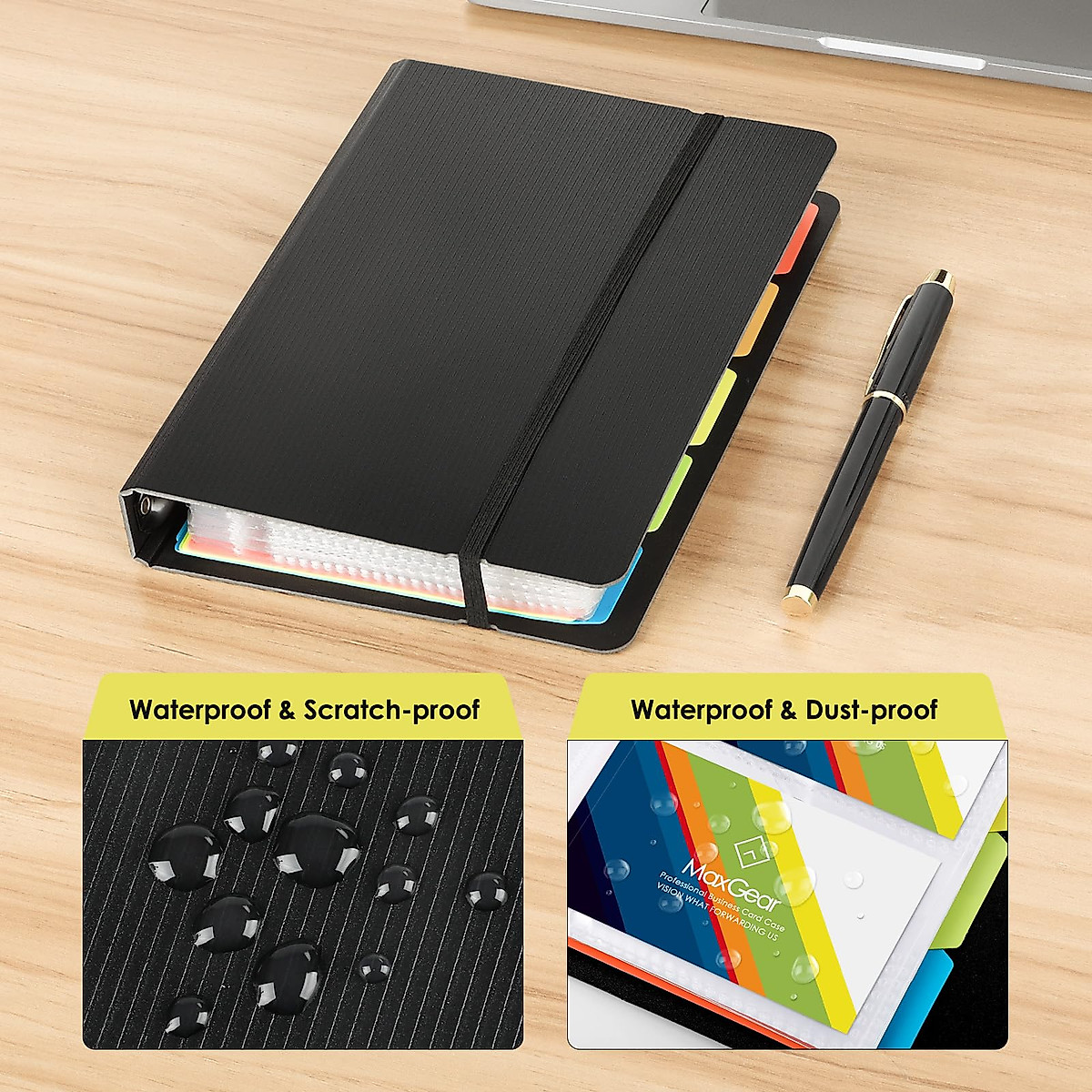 MaxGear Business Card Organizer, Business Card Holder Book Credit Card Binder File Sleeve Storage, Portable Business Card Holders Name Cards Holder Men & Women, 5 Color Index Tabs, Capacity: 180 Cards