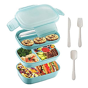 Large Capacity Bento Box Lunch Box,3 Layers Stackable Bento Lunch Containers for Adults/Kids, Built-in Utensil Set, Bento Lunch Box for Dining Out, Work, Picnic,Light Blue
