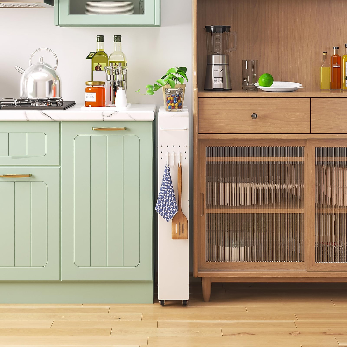 XYZLVSI Slim Storage Cart, 5 in Width, 4-Tier White Rolling Cart with Handle & Wooden Top for Kitchen Bathroom Laundry Narrow Places