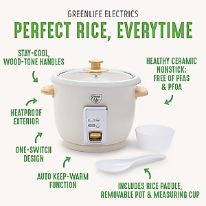 GreenLife 6-Cup Rice Cooker Steamer, PFAS Free Removable Ceramic Nonstick Pot, Auto Presets, Wood Print Handle, Keep Warm Function, One Touch Design, Dishwasher Safe, Measuring Cup, Rice Paddle, Cream
