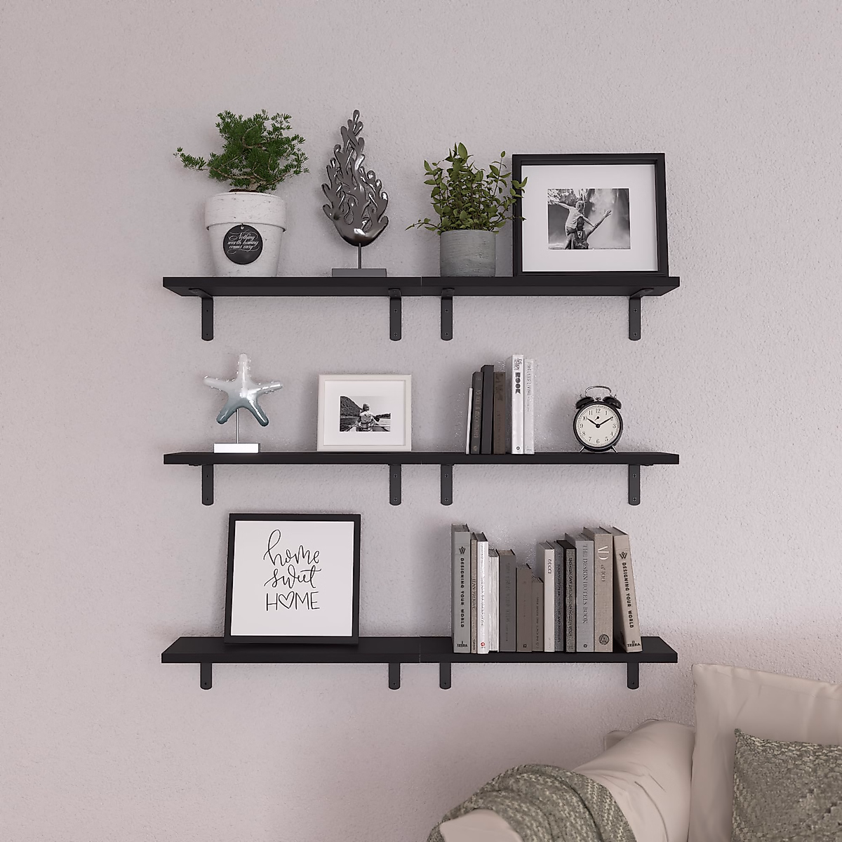 WOPITUES Floating Shelves Set of 6, Wood Rustic Farmhouse Shelves for Wall Decor, Bathroom Shelves, Book Shelves for Living Room-Black