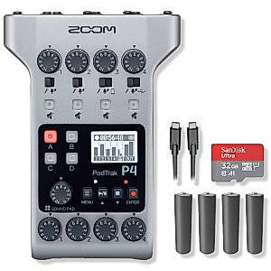 Zoom PodTrak P4 Portable Podcast Recorder with 4x AA Batteries, 32GB SD Card, USB-C to USB-C Cable and StreamEye Polishing Cloth