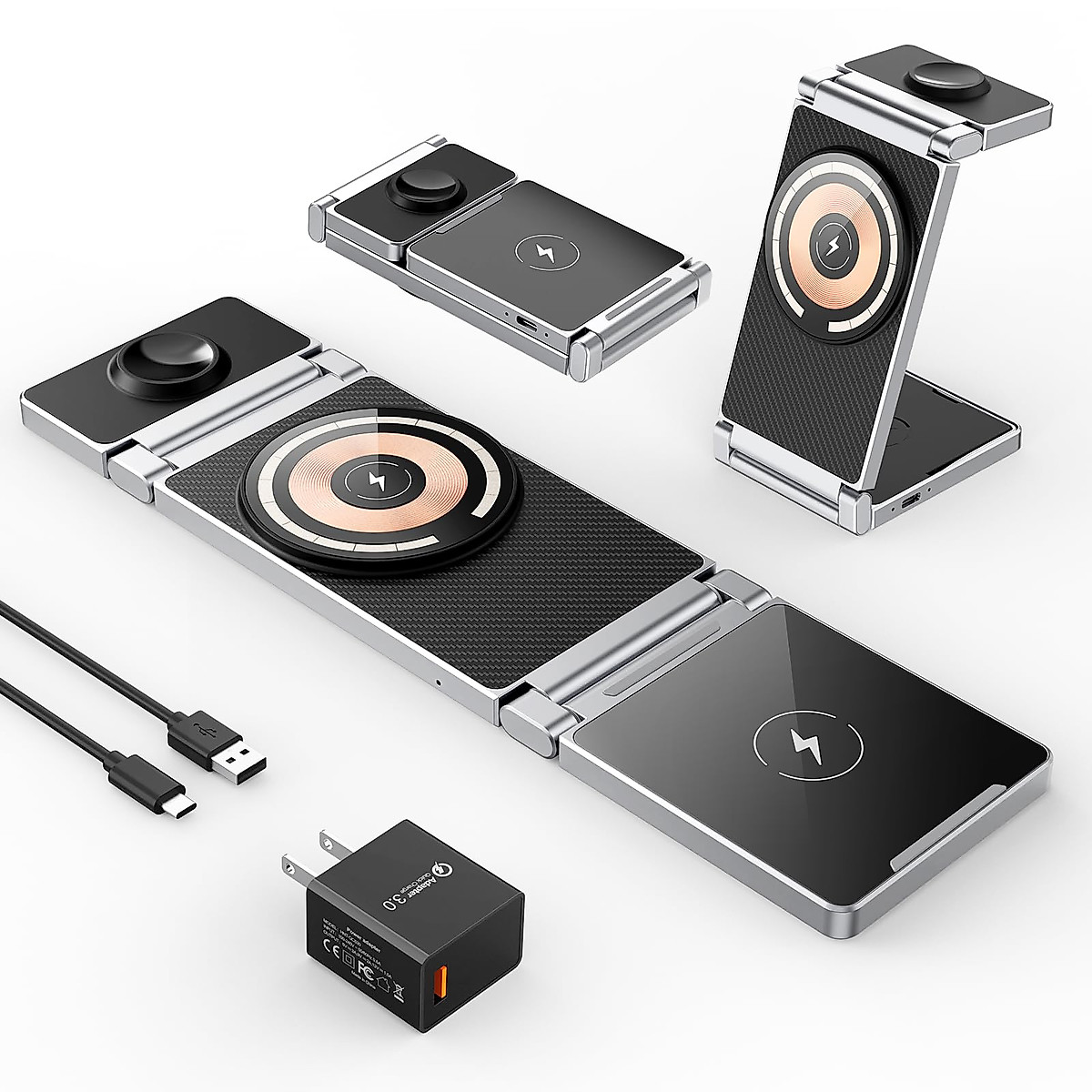 Magnetic Charging Station,Hohosb 3 in 1 Foldable Zinc Alloy Wireless Charger Stand[Compatible with Magsafe Charger] for iPhone 15/14/13/12 Series, AirPods Pro/3/2,Apple Watch/iWatch-Black