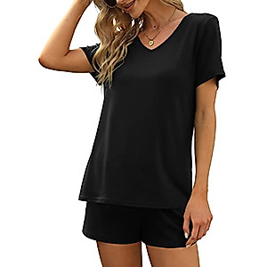 Aloodor Pajama Set for Women 2 Piece Short Sleeve V Neck Pjs Lounge Sets Sleepwear Soft Black Xxl