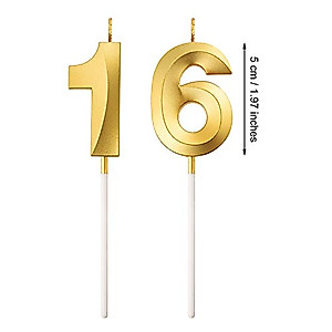 BBTO 16th Birthday Candles Cake Numeral Candles Happy Birthday Cake Topper Decoration for Birthday Party Wedding Anniversary Celebration Supplies (Gold)