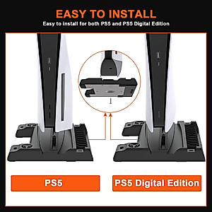 BEJOY Multifunctional Vertical Stand with Dual Cooling Fans for PS5 Console, 3-Level Rotate Fans Speed, Dual Type-C PS5 Charging Station with Gaming Headset Holder, 11 Games Boxes Storage, Black