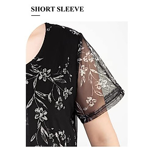 SeSe Code Ladies Tops and Blouses Short Sleeve Tunic Tops for Women Loose fit Beach Shirts Dressy Tops for Women for Evening Party Fashion Tops Black White Floral L