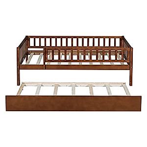 DEINPPA Twin Bed with Trundle, Kids Daybed Trundle Bed, Wooden Bed Frame with Fence Guardrails for Kids Children Toddlers Boys Girls-Walnut