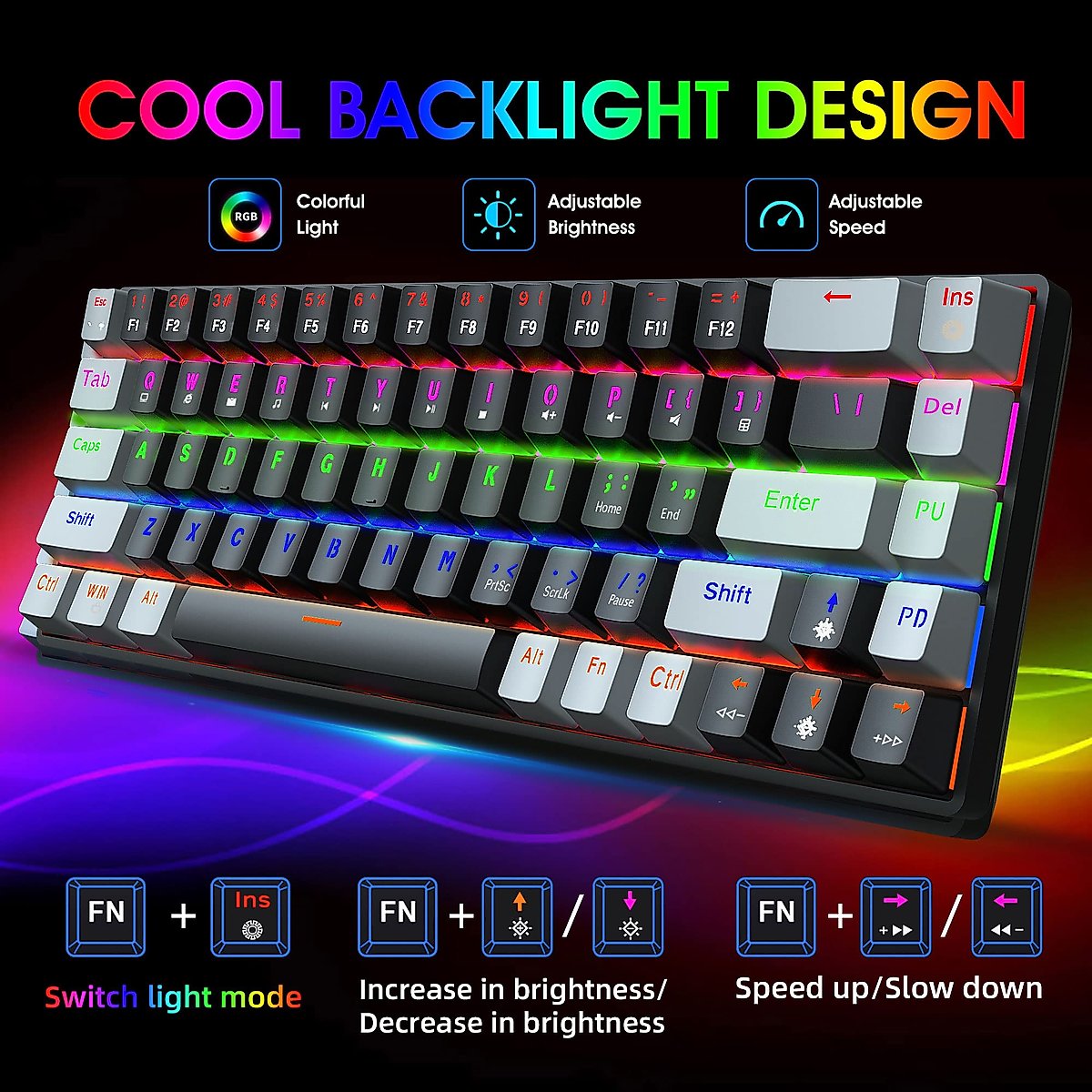 UINO V800 68 Key Mechanical Keyboard Gaming USB Wired LED Backlit Axis Gaming Mechanical Keyboard Optical Switches for Desktop
