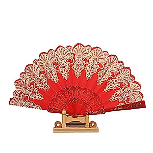 PHONME Multipurpose 2 pcs Fashion Folding Fan Flower Lace Silk Wedding Dance Party Stage Performance Decoration Fashion Stamping Hand Held Fan for Decoration Vintage style (Color : Red)