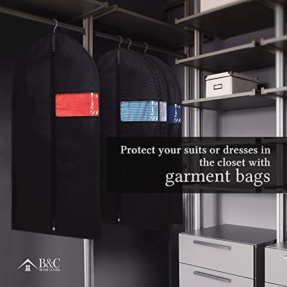 Garment Bags with Shoe Bag - Breathable Garment Bag Covers Set of 5 for Suit Carriers, Dresses, Linens, Storage or Travel - Suit Bag with Clear Window
