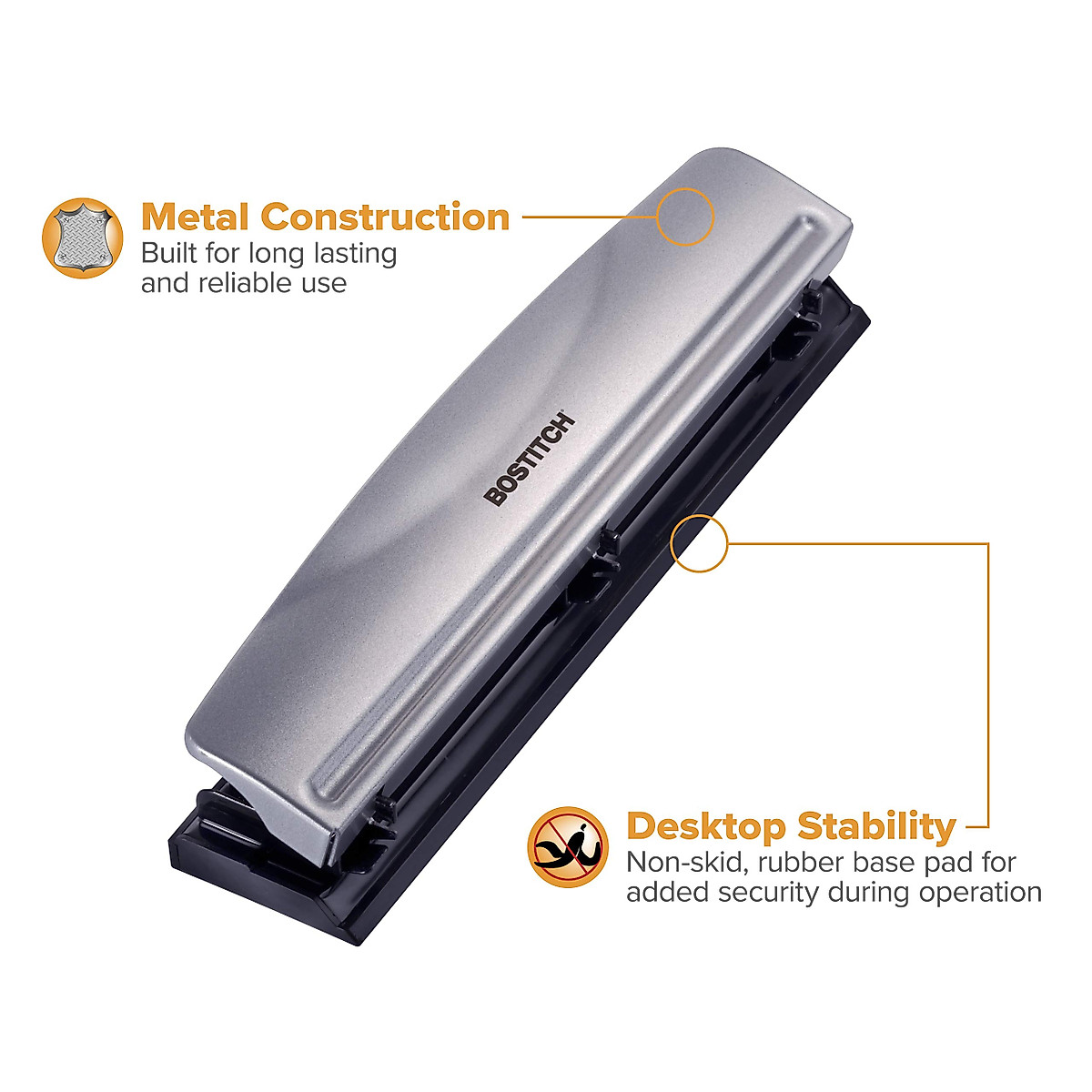Bostitch Office Premium 3 Hole Punch, 12 Sheet Capacity, Metal, Rubber Base, Easy-Clean Tray, Silver, 2-Pack