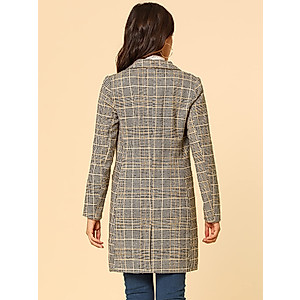 Allegra K Women's Double Breasted Notched Lapel Plaid Trench Blazer Coat Medium Brown