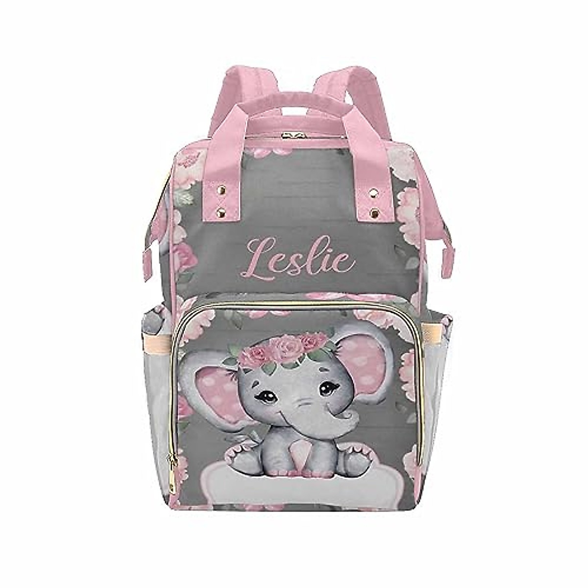 Newcos Personalized Baby Elephant with Blooming Rose Flowers Diaper Bag Nursing Baby Bags Nappy Bag Casual Travel Daypack for Mom Gifts