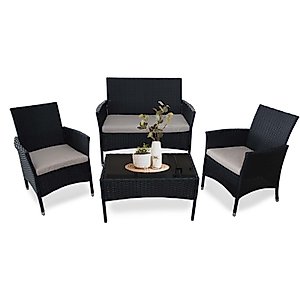 XZHQHB Patio Furniture Set of 4 Wicker Conversation Set with Soft Cushion Sofa Set Porch Outdoor PE Rattan Garden Chairs Sets with Tempered Glass Top Coffee Table, Black and Beige