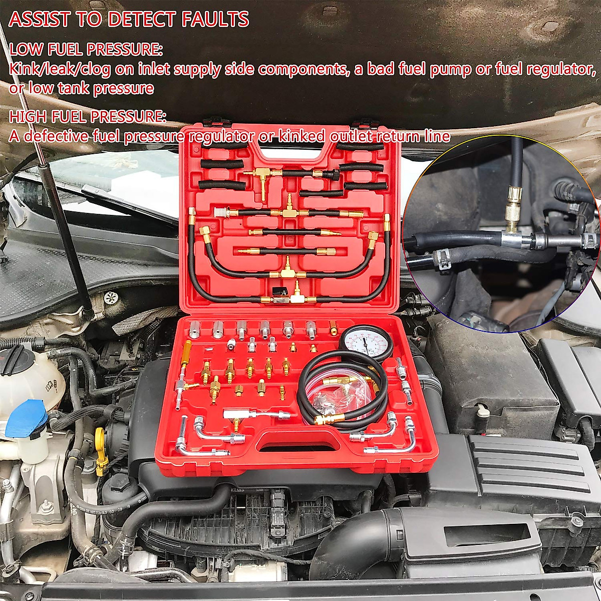 JIFETOR Fuel Injection Pump Pressure Tester Gauge Kit, Car Gasoline Gas Fuel Oil Injector Test Manometer Tool Set 0-140PSI, Universal for Auto Truck SUV Motorcycle ATV RV SUV