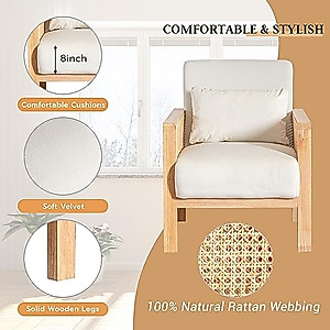 Bonzy Home Modern Velet Accent Chair with Rattan Arms, Comfy Armchair with Solid Wooden Legs, Upholstered Easy Assembly Wooden Single Sofa Reading Nook Chairs for Living Room Bedroom Office, White