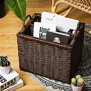 Qunclay Magazine Basket Wicker Divided Magazine Basket Rectangular Wicker Newspaper Holder, 15.4 x 12 x 12.6 Inch (L x W x H), Antique Walnut Brown