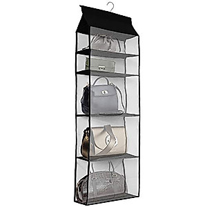 Dearjana Improved Closet Handbag Purse Holder with 5 Large Heavy-Duty Mesh Shelves, Space Saving Hanging Handbag Storage Tote Bag Organizer Holder for Wardrobe Closet(Black)