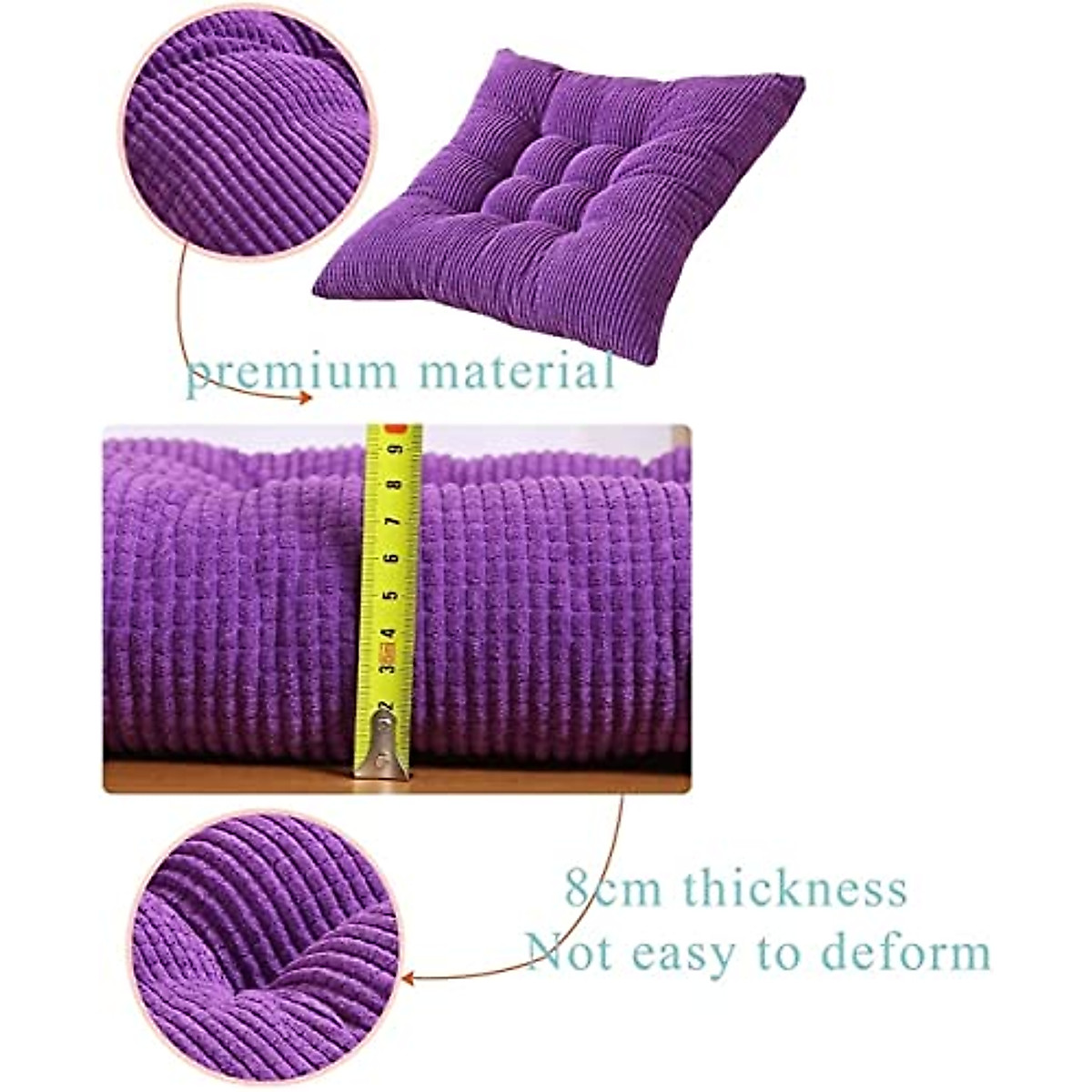Corduroy Square Chair Pad and Seat Pads with Ties Floor Tatami Bay Window Seat Cushion Breathable Thickened Chair Pad for Indoor, Dining Living Room, Kitchen[Set of 1,Set of 2,Set of 4]