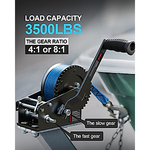 Kolvoii Boat Trailer Winch 3500lbs with 33ft(10M) Polyester Strap, Two Way Ratchet and Two Speed Switchable Hand Crank Winch for Boat Jet Ski Trailer Marine