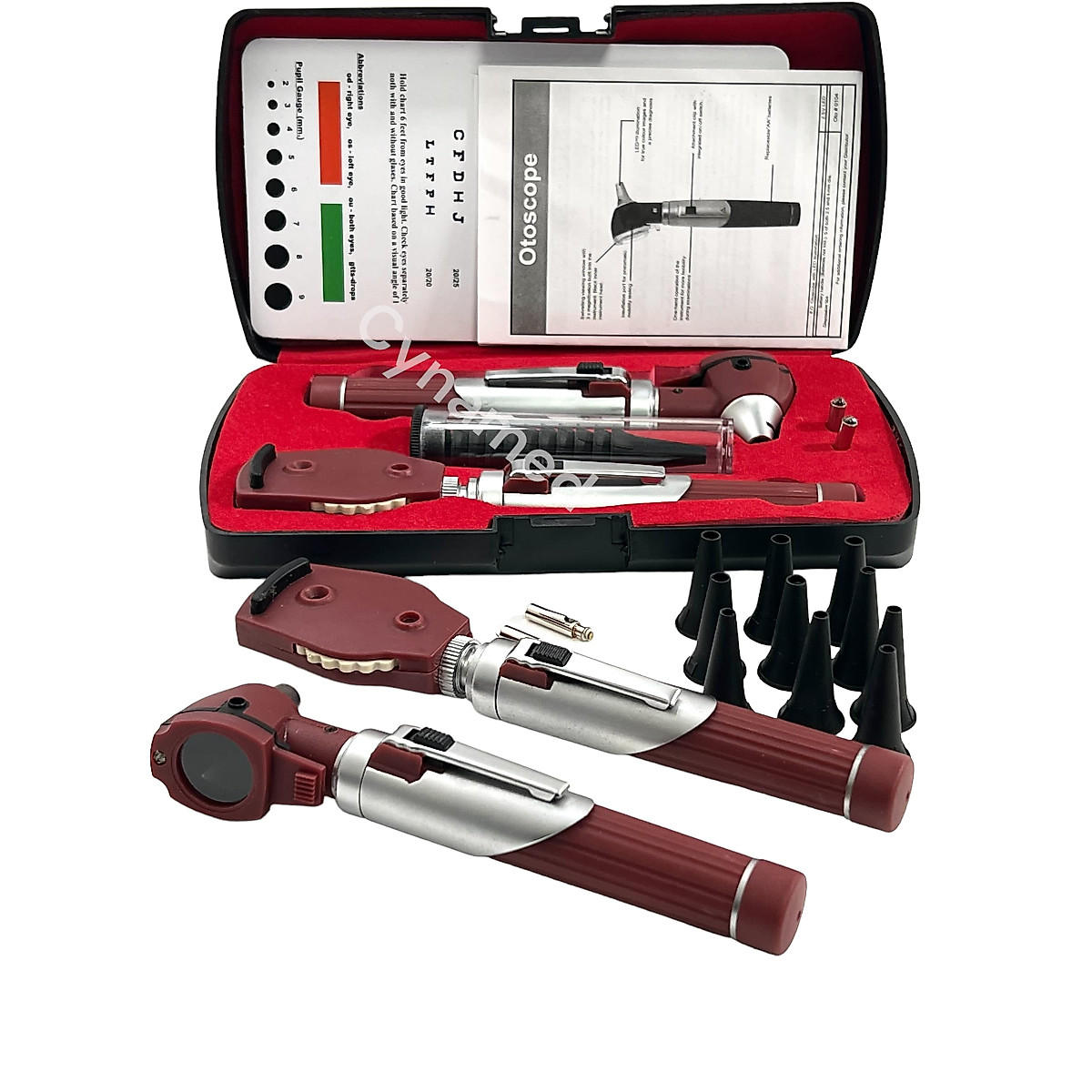 Premium Double Handle Otoscope Set -Otoscope/Great for School -Cynamed (BURGUNDY)