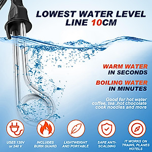Huquary 1 Pcs Portable Immersion Water Heater 300W 120/240V Electric Camping Accessories Dual Voltage Immersion Heater Travel Water Boiler Water Heating Rod with Travel Adapter for Coffee (Black)