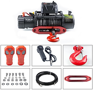 RUGCEL WINCH 13500lb Waterproof Electric Truck Winch 12V Synthetic Black Rope Jeep Winch with Hawse Fairlead,Wired Handle and 2 Wireless Remote,for Trailer and Wrangler in Car Lift