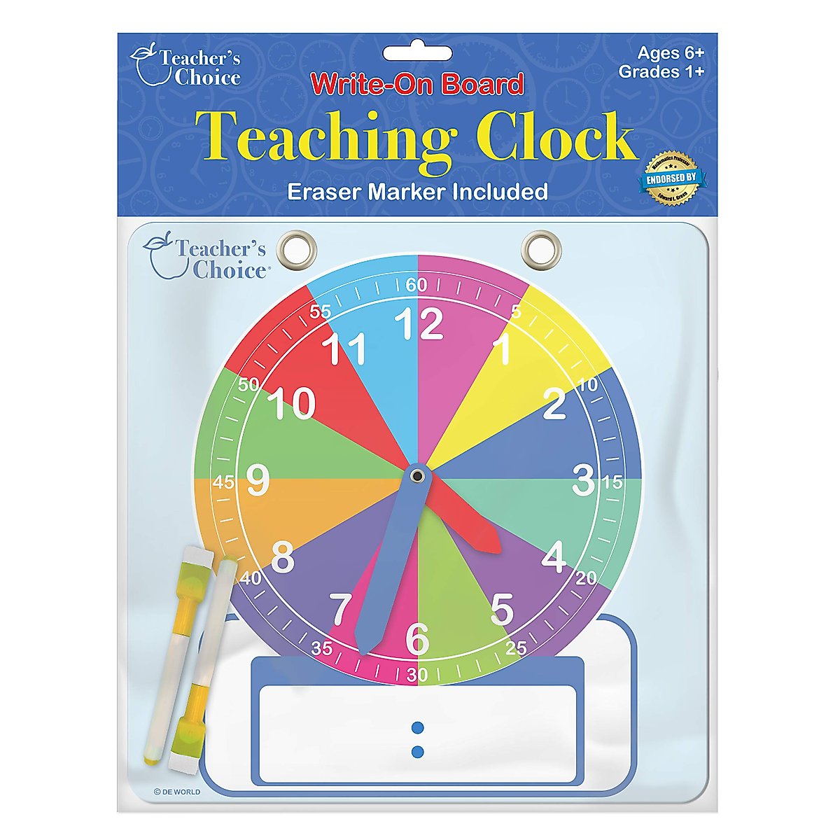 Teacher's Choice Writable Dry Erase Learning Clock | Large 12" Demonstration Teaching Time Practice Clock with Dry Erase Writing Surface | Marker Included | (Rainbow)