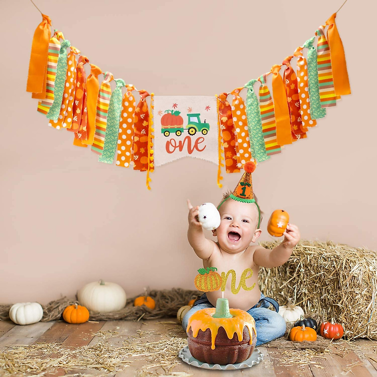 Vansolinne Little Pumpkin First Birthday Highchair Banner Decorations, Fall Harvest Birthday Highchair Banner Cake Smash Cone Hat Decorations Set for Baby Boy Girl 1st Birthday Party Supplies, 3 in 1