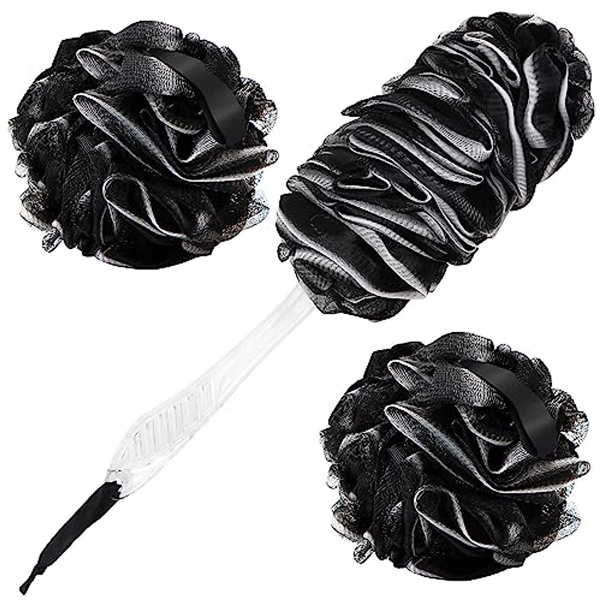 BCKENEY Bath Loofah Sponge Back Brush with Long Handle Extra Large 75g Soft Mesh Shower Poufs for Women & Men - Exfoliator Bathing Accessories (3Pcs 75G XL Charcoal Black)