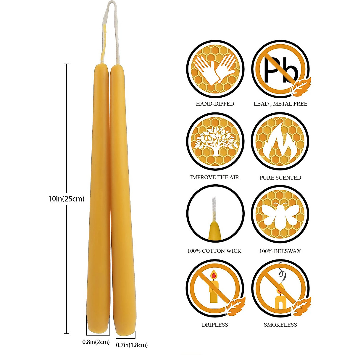 Natural Beeswax Taper Candles 10"- Beeswax Candles Set 6 Pack, Yellow