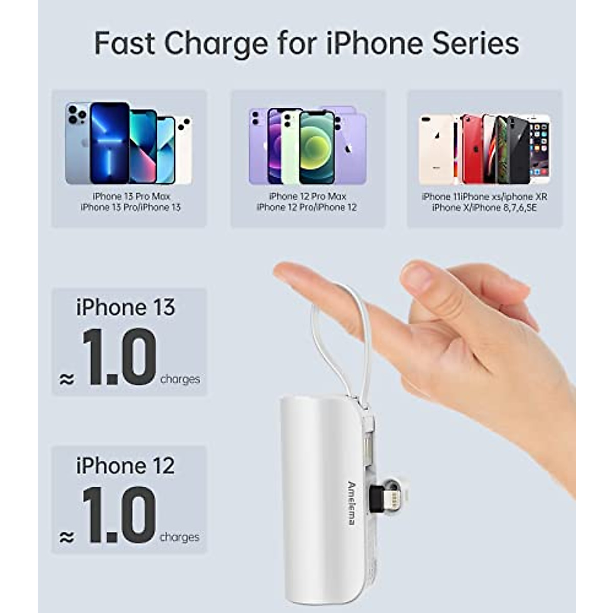 amelema Small Portable Charger for iPhone, 5000mAh Mini Power Bank with Built-in Cable/Metal Stand, Cute Battery Pack Compatible with iPhone 14/14 Plus/Pro Max/13/12/11/XS/XR/X/8/7/Airpods (White)