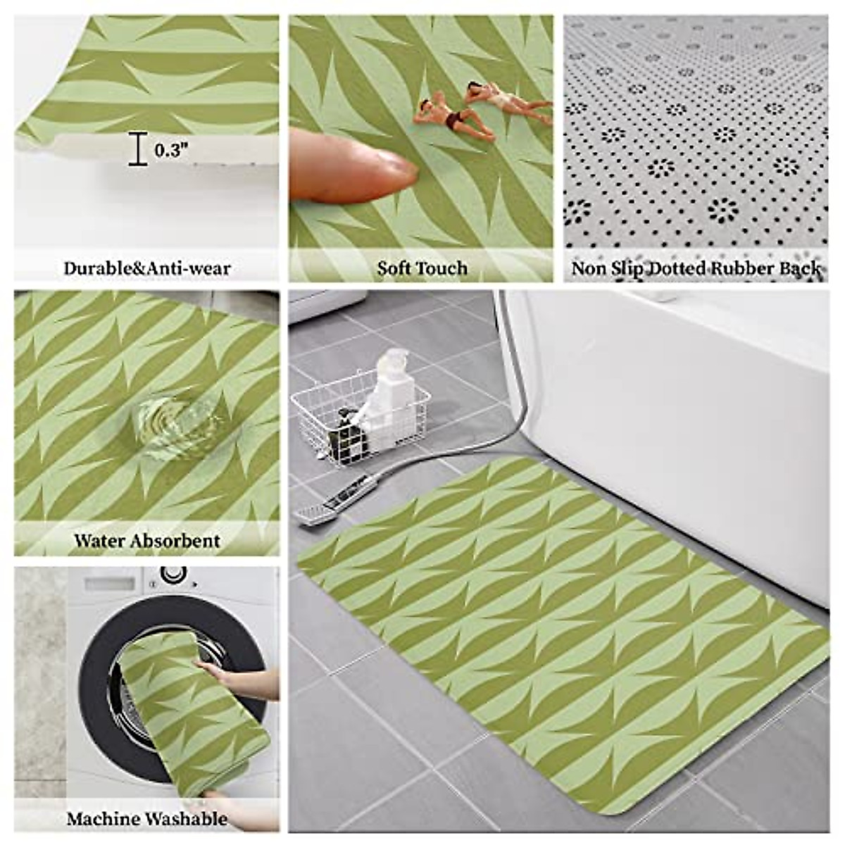 Prironde Front Door Mats Outdoor Indoor Kitchen Mat, Mid Century Abstract Geometry Green Pattern Entrance Doormat Non-Slip Bathroom Rugs Washable Floor Mats for Sink/Porch, 18" x 30"