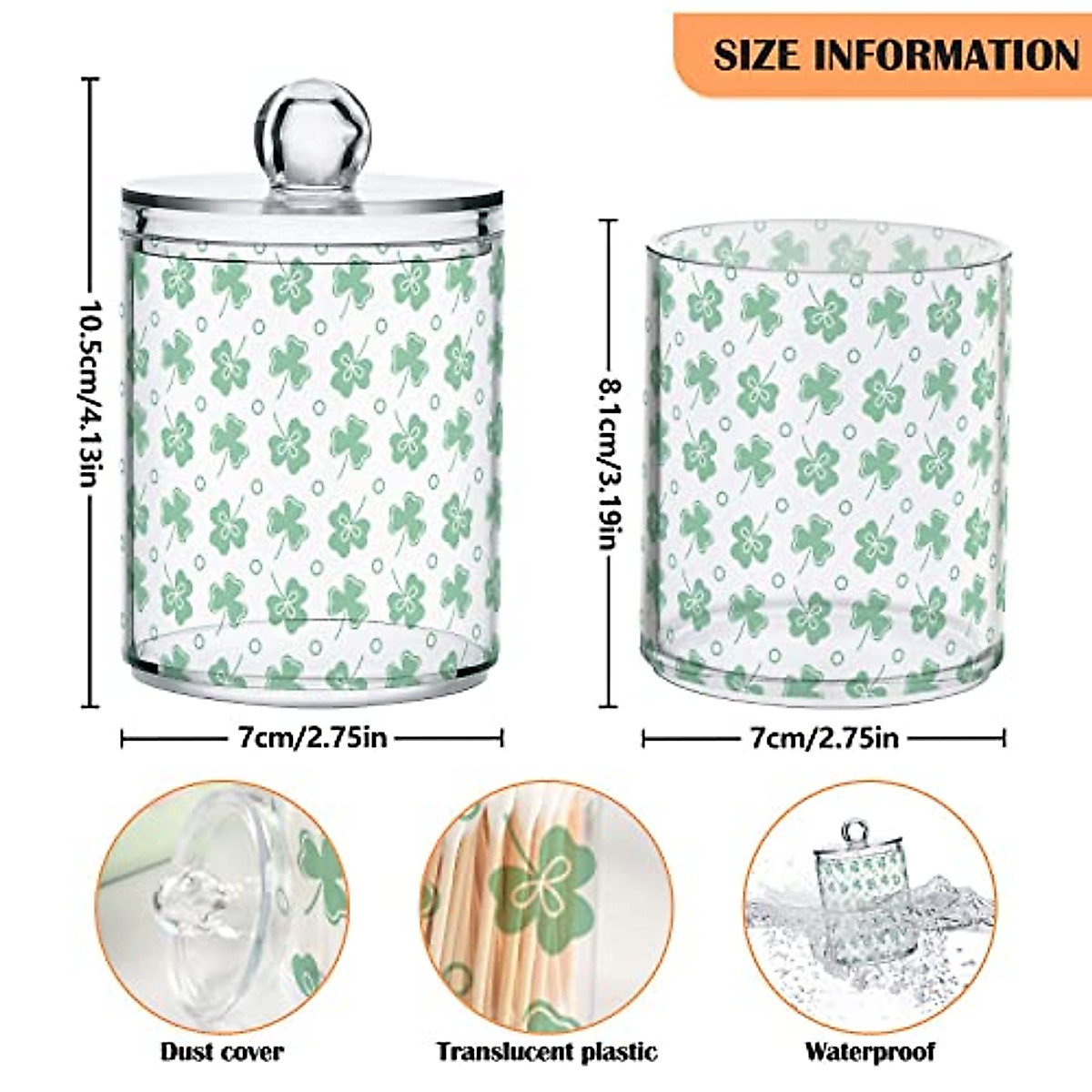 Kigai 2 Pack Apothecary Jars Saint Patrick's Day Clover Qtip Holder Organizer Clear Airtight Container for Cotton Swabs Food Storage 14oz Plastic Jars with Lids