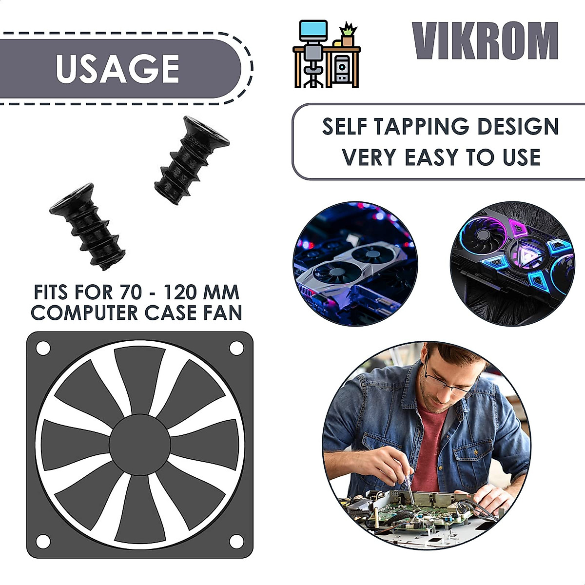 50Pcs Computer Case Fan Screws M5x10mm PC Fan Mounting Screws - CPU Radiator Fan Screws Case Cooling Cooler PC Fan Mount Screws - Black Self Tapping Screws