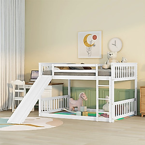 Bellemave Full Over Full Low Bunk Bed with Slide Wood Floor Bunk Beds with Ladder for Kids Boys Girls Teens, White