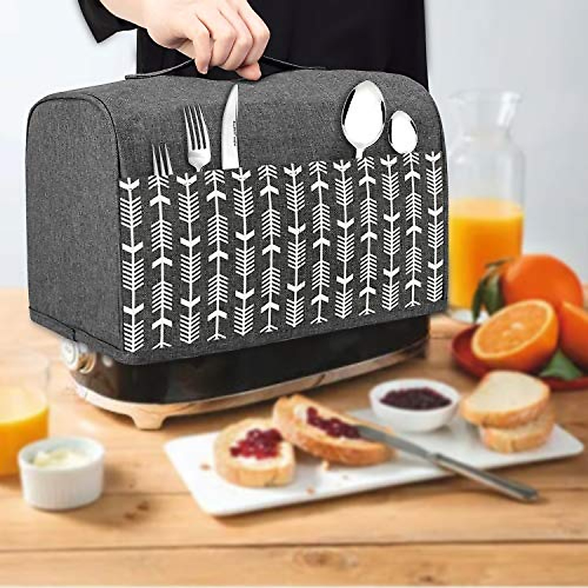 Yarwo 2 Slice Toaster Cover with Pockets and Top Handle, Nylon Toaster Cover Fits for Most Standard 2 slice Toasters, Gray with Arrow