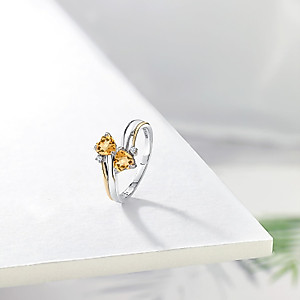 Gem Stone King 925 Silver and 10K Yellow Gold Yellow Citrine and White Lab Grown Diamond 2 Heart Promise Couple Engagement Mother Ring (0.94 Cttw, Gemstone Birthstone, Available In Size 5, 6, 7, 8, 9)