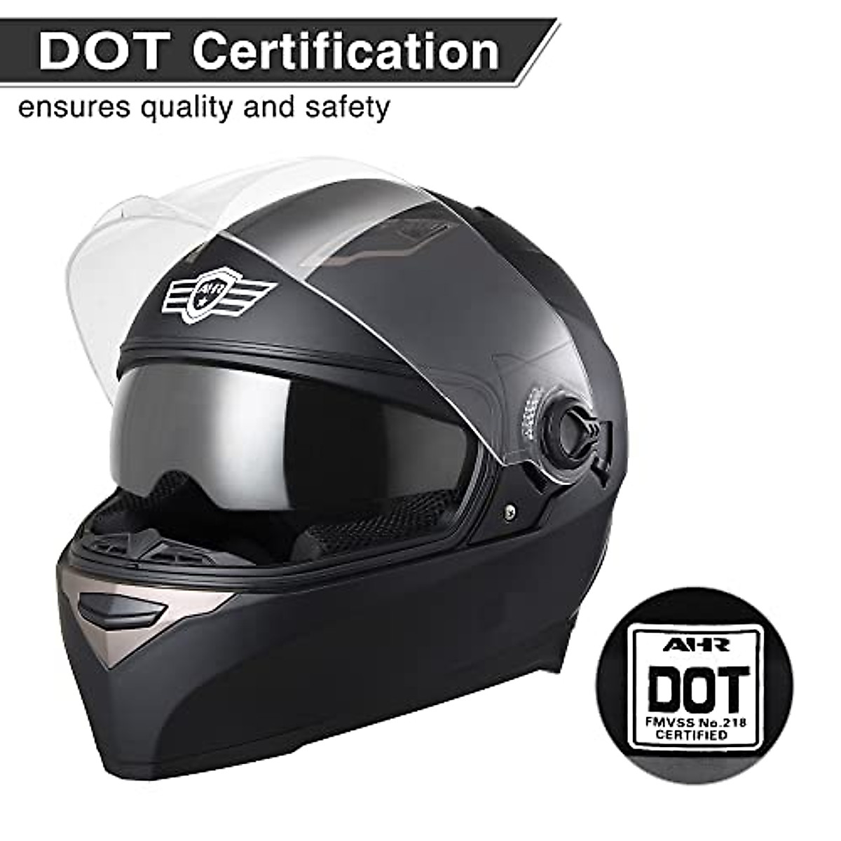 AHR Motorcycle Full Face Helmet Dual Visor Street Bike Lightweight DOT Approved Helmet Snowmobile Touring Sports for Adult Run-F1 (Matte Black, Large)