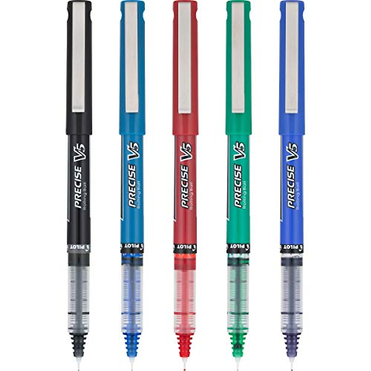 PILOT Precise V5 Stick Liquid Ink Rolling Ball Stick Pens, Extra Fine Point (0.5mm) Black/Blue/Red/Green/Purple Inks, 5-Pack (26013)