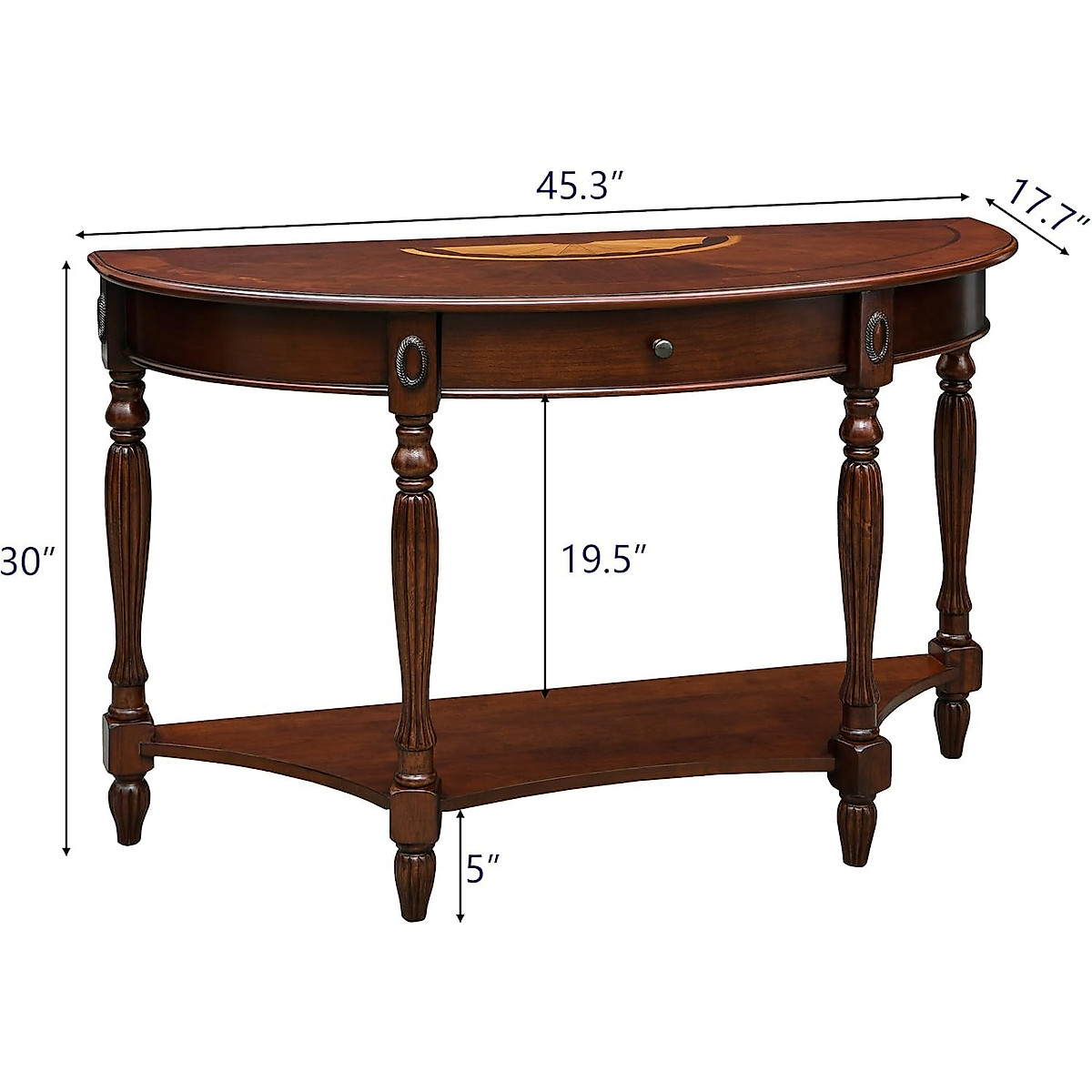 Solid Wood Semi-Circle Sofa Table with Drawer, 45.3" Traditional Living Room Console Table with Open Bottom Shelf 2-Tier Vintage Elliptical Entry Table for Home Office,Cherry Walnut SFZ1533