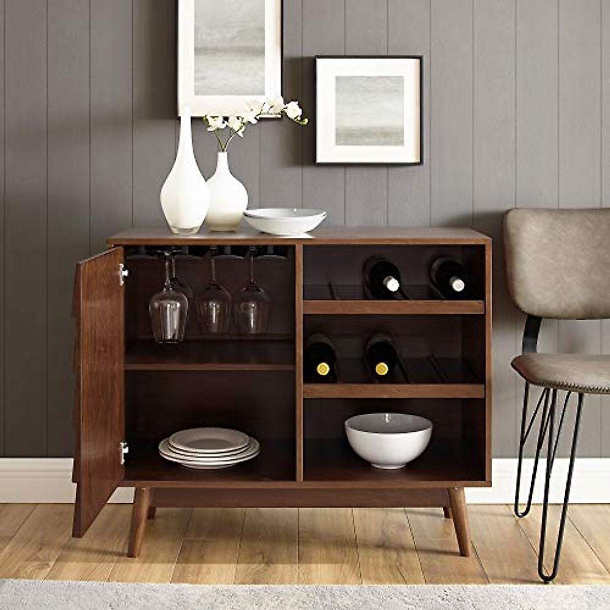 Walker Edison Mid-Century Modern Wood Kitchen Buffet Sideboard with Bottle Storage-Entryway Serving Wine Storage Doors-Dining Room Console, 36 Inch, Walnut