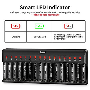 BONAI AA AAA Battery Charger 16 Bay for NiMH NiCD Rechargeable Batteries Independent Control with LED Light and Standard American AC Charging Plug, Battery not Included - Black