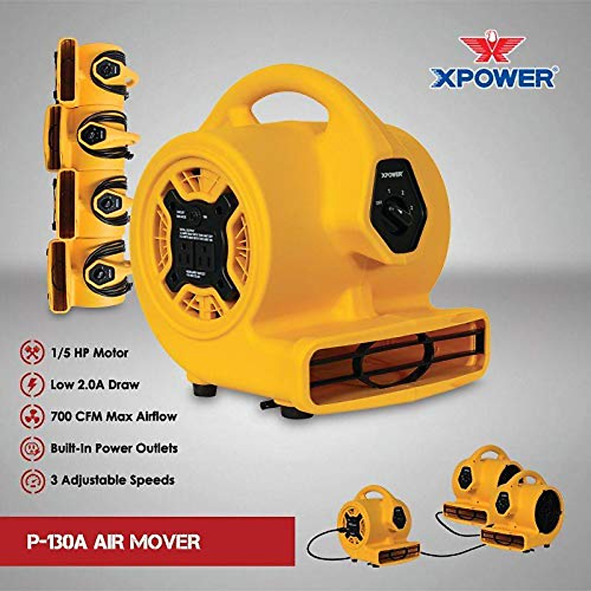 XPOWER P-130A Mini Mighty 1/5 HP 800 CFM Centrifugal Air Mover, Carpet Dryer, Floor Fan, Blower, Stackable, Daisy Chain, for Water Damage Restoration, Janitorial, Plumbing, Home Use,Yellow